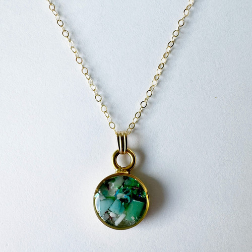Aqua and Gold Trash Stone Circle Pendant | Hey Lola Art Co.