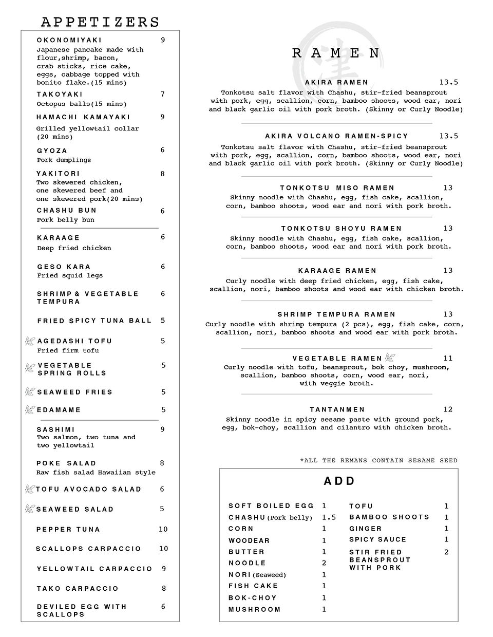 MENU | Akira Ramen & Izakaya