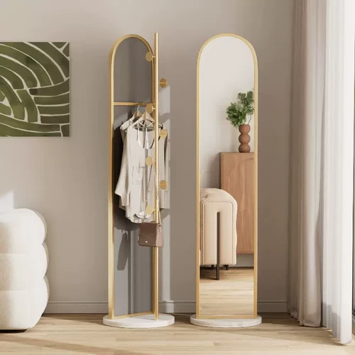 WH012 Cream Standing Coat Rack with Full Length Rotating Mirror