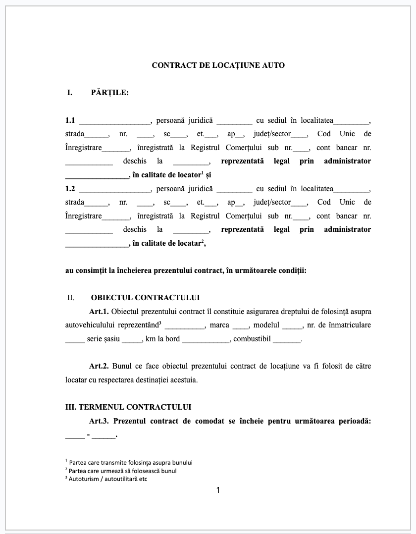 Contract închiriere auto PJ-PJ | Easydoc