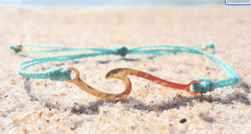 Gold Wave Charm Adjustable Bracelet--Aqua Thread | sea-stamped
