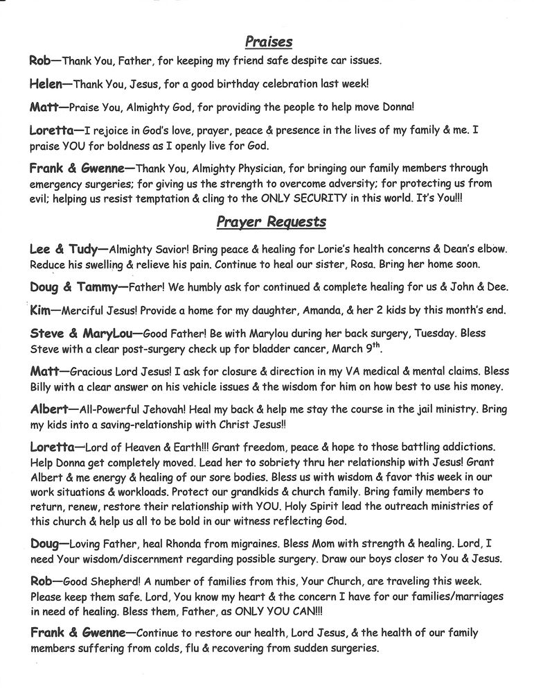 Praises/Prayer Requests Sunday Mar. 5th, 2023 | First Baptist