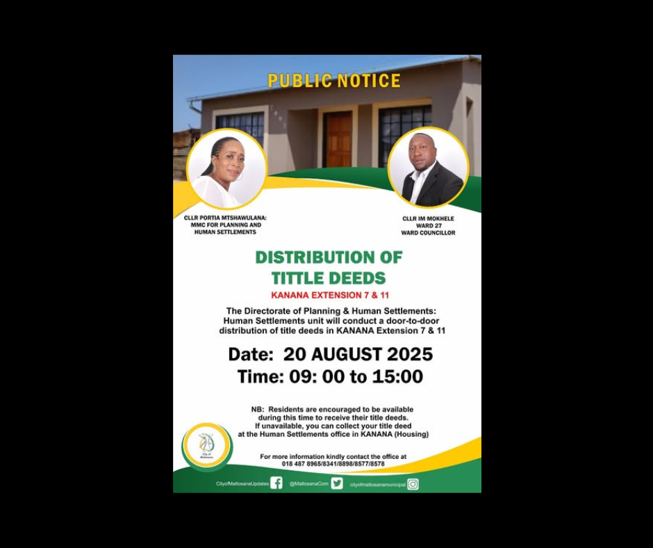 City of Matlosana Brings Title Deeds to Kanana Communities