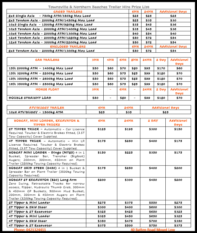 PRICELIST | Trailerhire