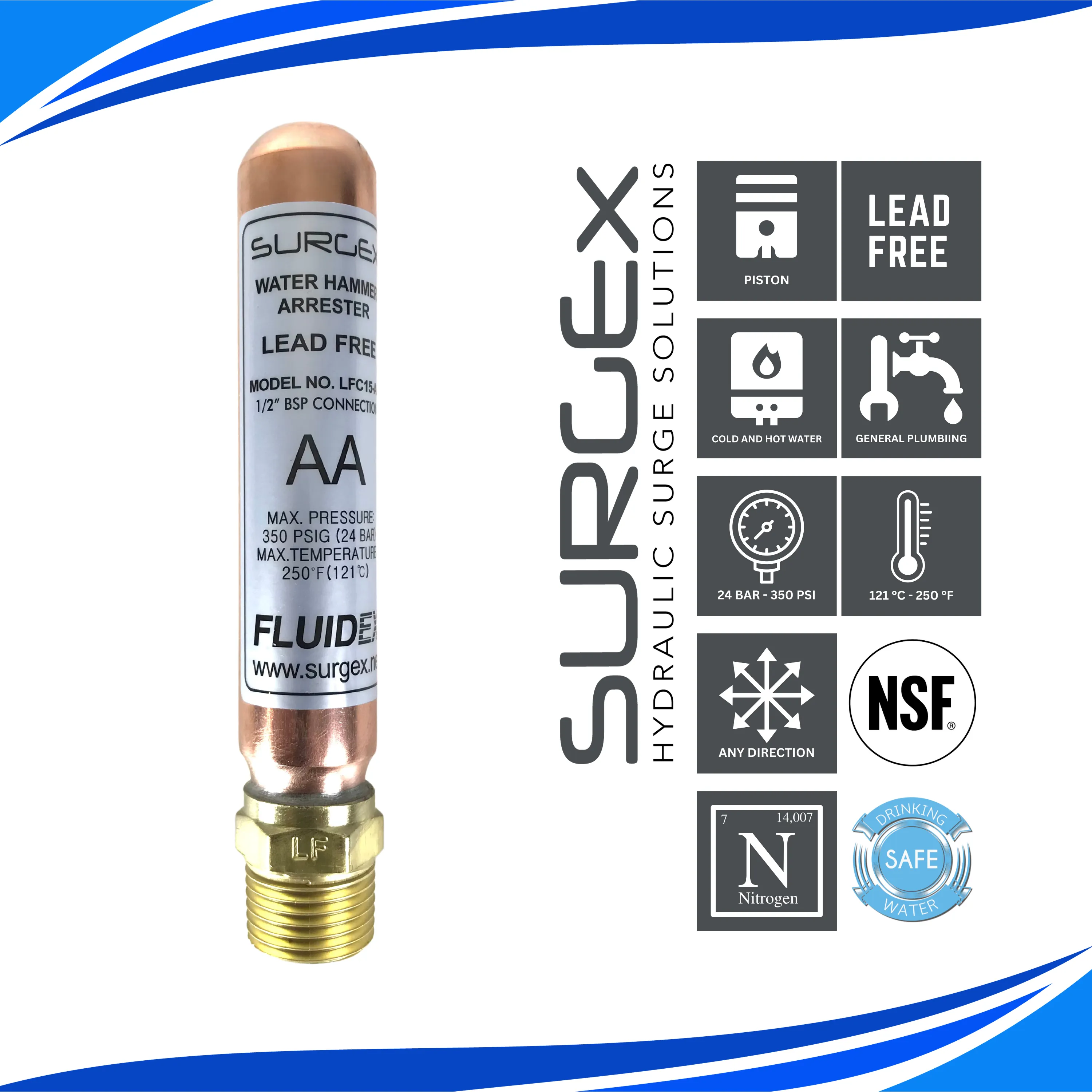 SURGEx LFC15-AA 1/2" Lead-Free Copper Water Hammer Arrestor Size AA