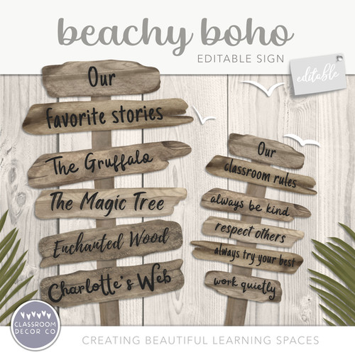 Beachy Boho | Editable Driftwood Sign | Classroom Decor Co