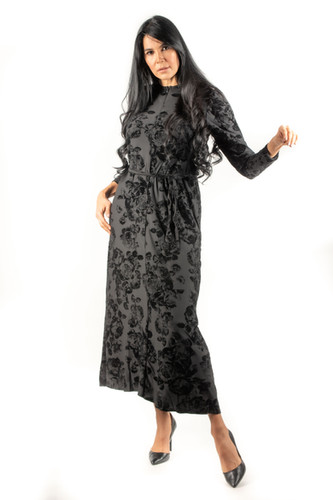 Modest Robe Front Zipper Black Velvet Floral | Devorah's Secret