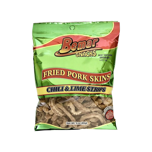 Bemar Snacks Fried Pork Skins Chili & Lime Strips | KG Distribution