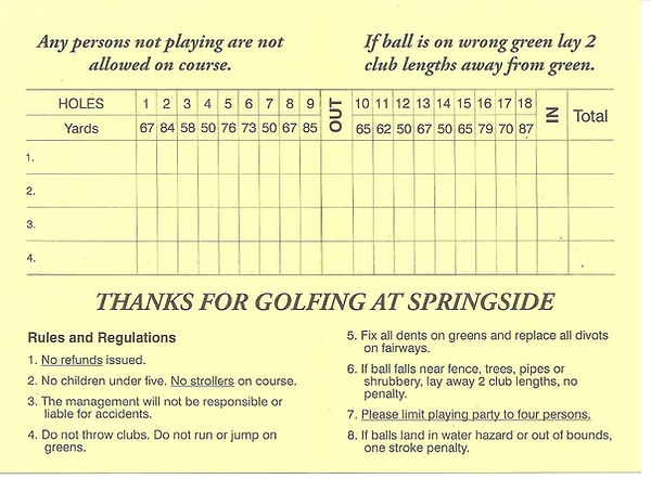 Scorecard | Springside Par 3 Gol