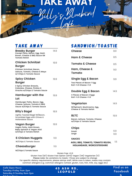 Dine in & Take Away Menu | Billys Bluebird Café