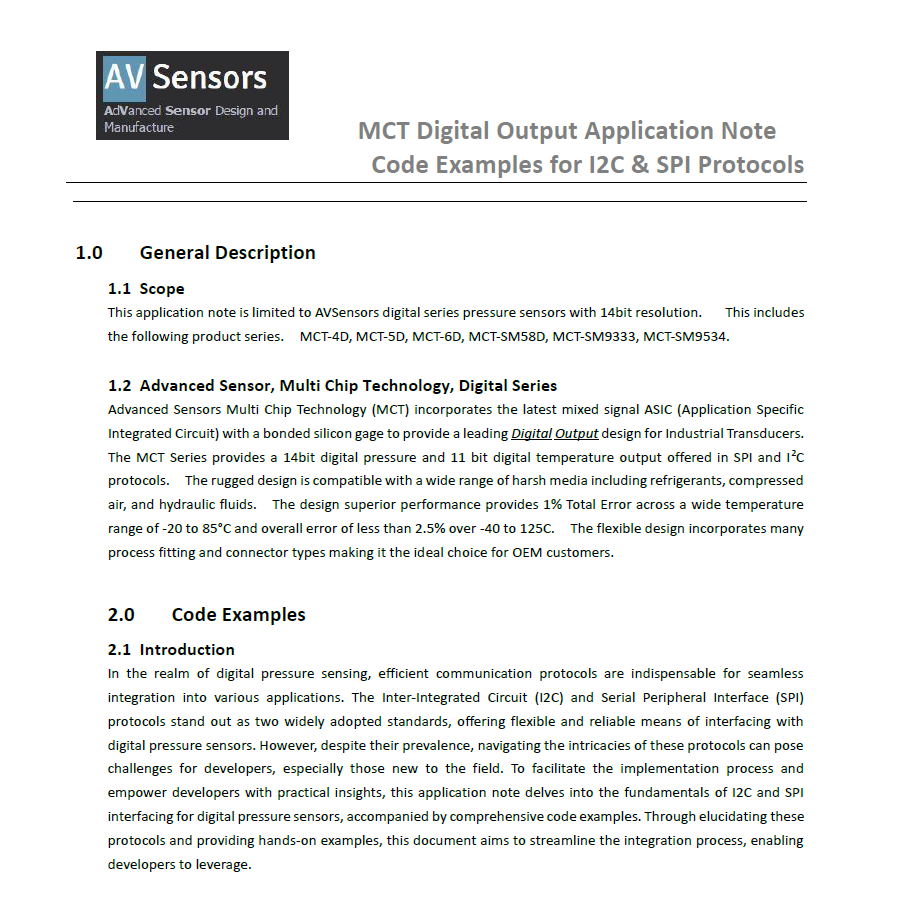 14 Bit Code Examples for I2C and SPI Protocols | AV Sensors