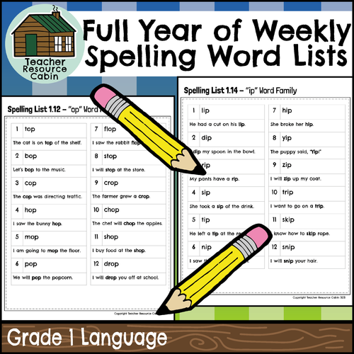 Full Year of Weekly Spelling Word Lists (Grade 1 Language ...