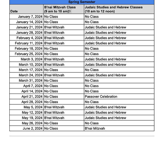 Jewish Sunday School Calendar