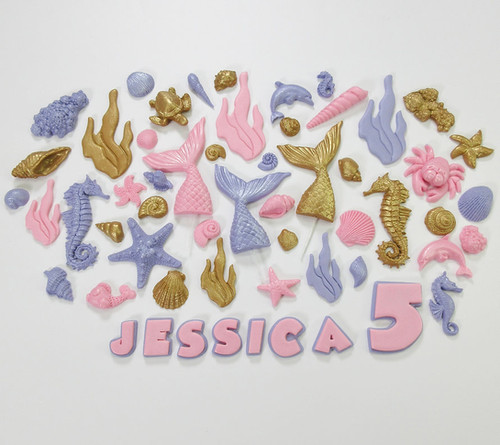 Pink, Gold & Purple Mermaid Tails & Seashell Fondant Decorations – Cake ...