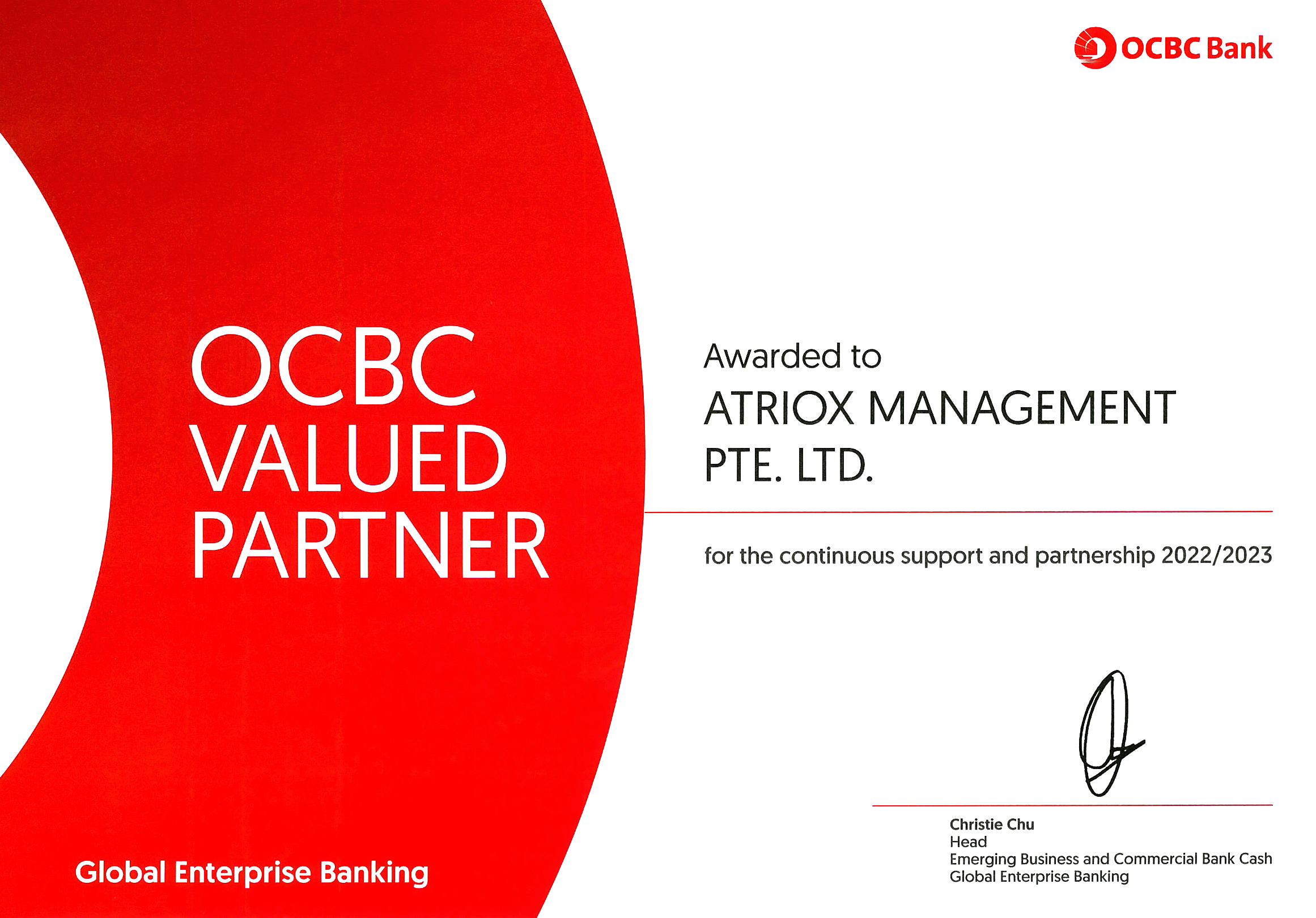 OCBC Valued Partner awarded to Atriox Management