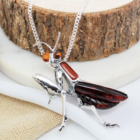 Sterling Silver And Baltic Amber Praying Mantis Necklace | Ambershop