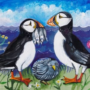 Lizzie Spikes Driftwood Design Puffins Greetings Card | ty-bach-twt