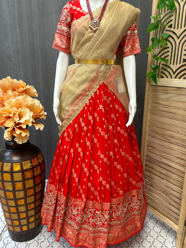 Exquisite Red and Gold Half Saree Langa Voni - Anandi Fashions