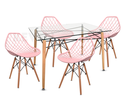 Comedor Eames 4 Sillas Chloe Rosa y Mesa Rectangular de Vidrio | Kevell Mobel