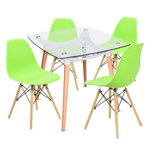 Comedor Moderno Eames Mesa Cuadrada + 4 Sillas Verdes Limon | Kevell Mobel