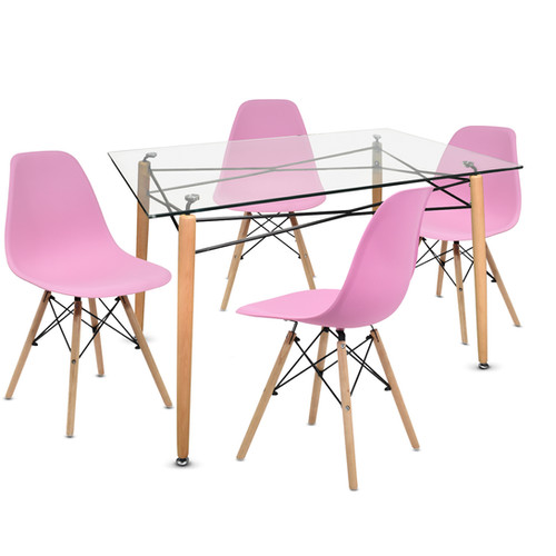 Comedor Moderno Eames Mesa de Vidrio + 4 Sillas Rosas | Kevell Mobel