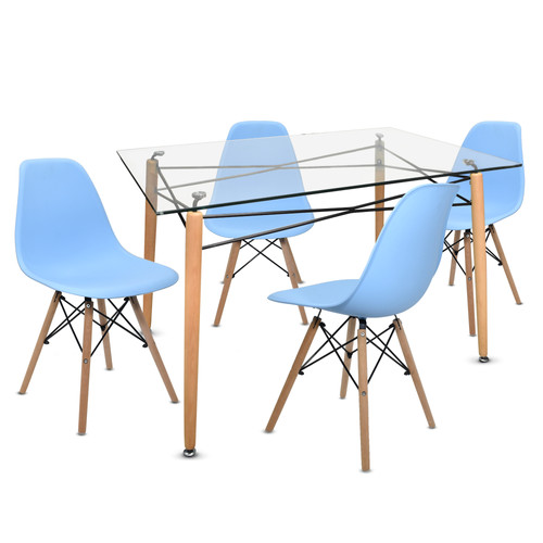Comedor Moderno Eames Mesa de Vidrio + 4 Sillas Azules | Kevell Mobel