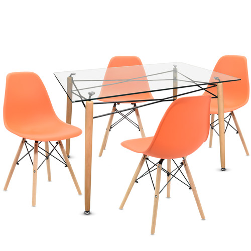 Comedor Moderno Eames Mesa de Vidrio + 4 Sillas Naranja | Kevell Mobel