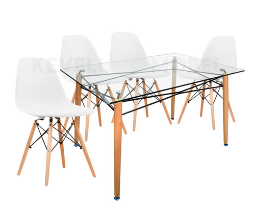 Comedor Eames 4 Sillas Blancas Eames y Mesa Rectangular de Vidrio | Kevell Mobel