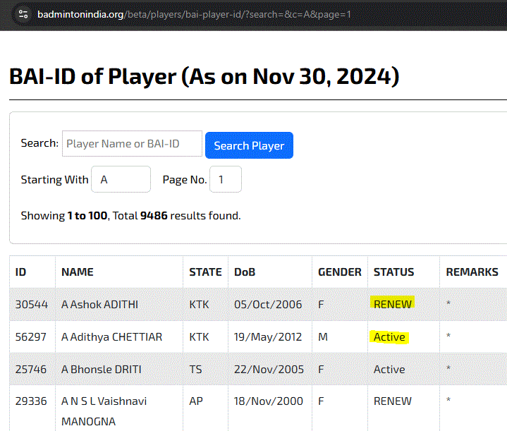 BAI ID Renewal Link - Online System for Renewal of BAI IDs - Badminton ...