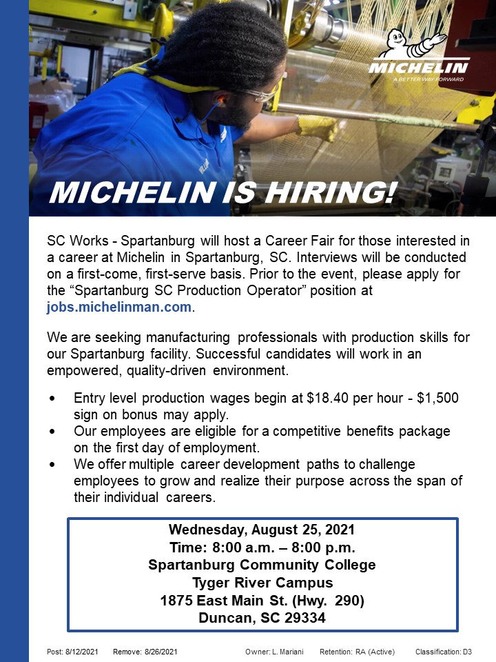 SC Works Spartanburg to Host Michelin Job Fair