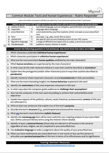 Human Experiences: Rubric Worksheet | Allgood Educational