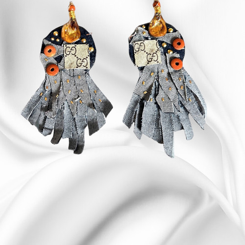 Designer Denim Fringe Shell Dangle Earrings | Unique Loopty Loop