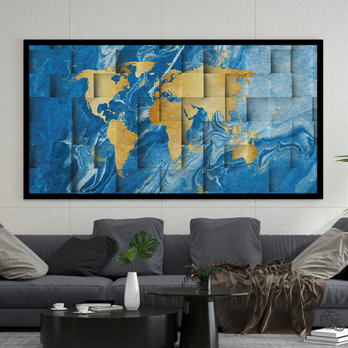 Quadro Digital - Mapa Mundi Dourado - Cubos Mármore Azul | Imprinté