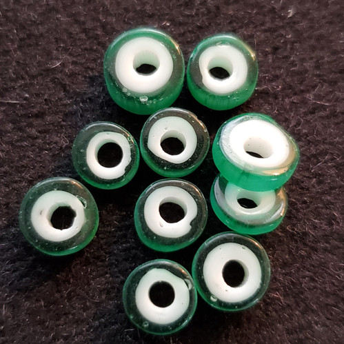 (10 pcs) White Core Green Disc glass beads | Teton Trade Cloth