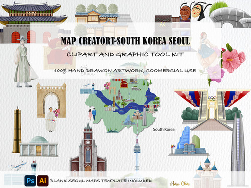 Travel To Seoul, South Korea Clipart and map Creation kit, PNG, SVG ...
