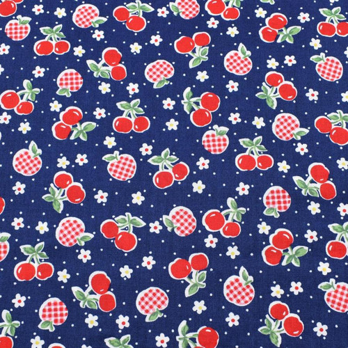 Happy Message 30s Japanese Print - Navy Blue Cherries | The Sewing Stable