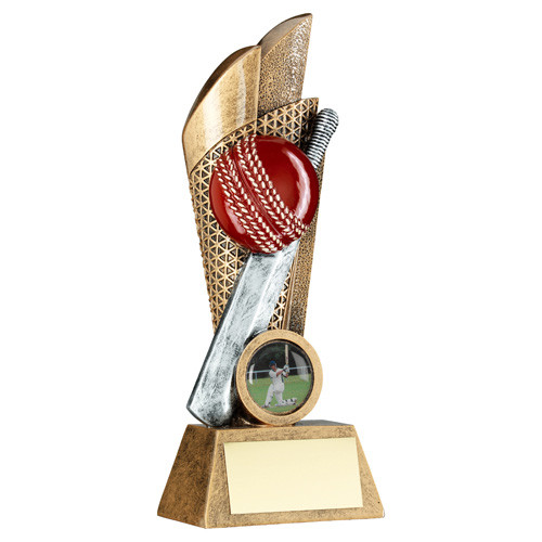 JR6-RF326 Brz|Pew|Gold Cricket Ball And Bat On Mesh Backdrop With Plate ...