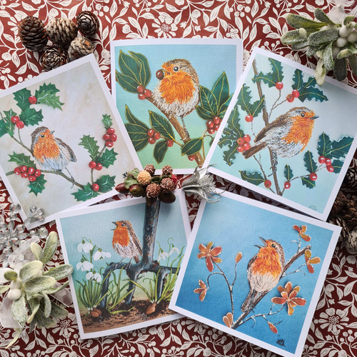 5 Robin Christmas Cards Pack | NSL Textile Art