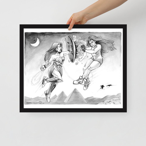 Framed Wonder Woman vs She Hulk Battle poster | Tropiculture Arts