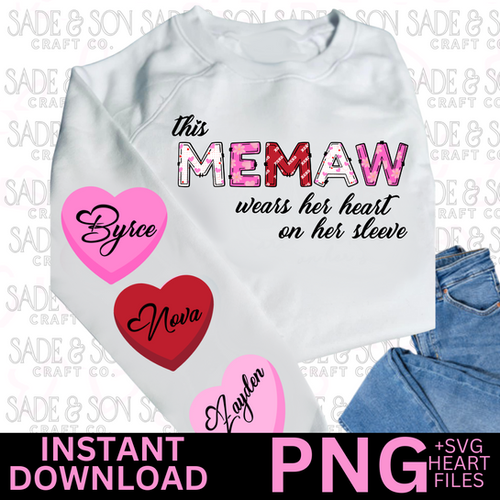 "MEMAW(Black Outline)" Heart On Sleeve PNG File | Sade & Son Craft Co.