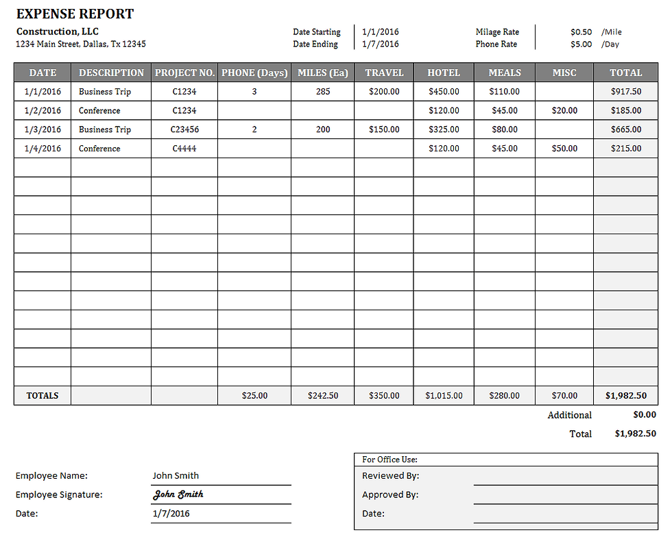 Construction Expense Report Template for Excel