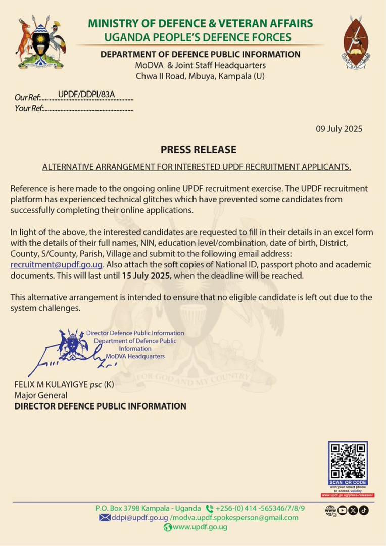 UPDF Recruitment 2025 Alternative Application Method Announced – Apply by 15 July