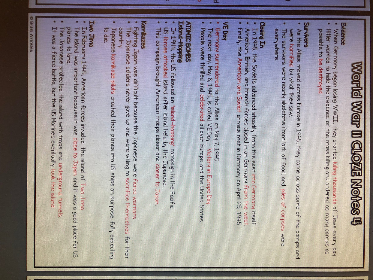 WWII Cloze Notes | DrLestersKids