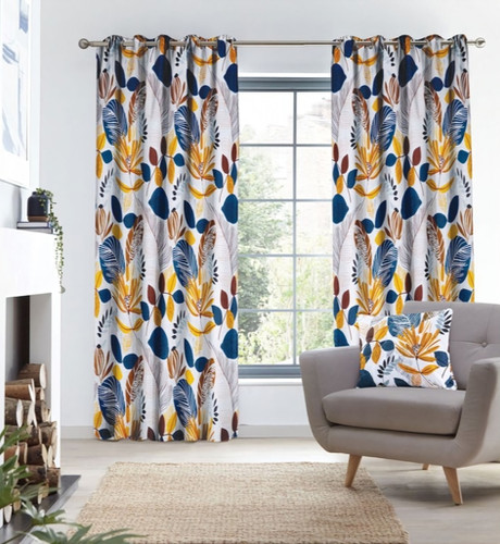 Blue and Mustard "Leaves" Design Curtains | BedsSofasBedding.com