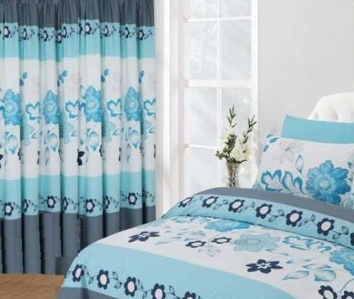 Aqua "Phoebe" floral design curtains | BedsSofasBedding.com
