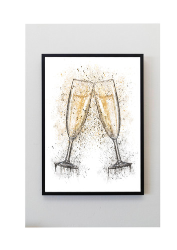 Unframed, Yellow, Gold, Prosecco / Champagne Glasses 'Cheers' Splatter ...