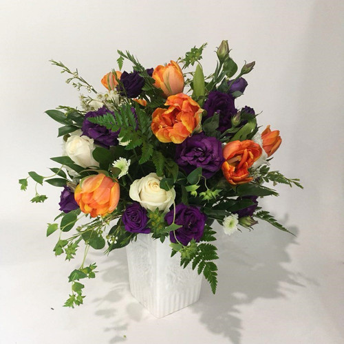 Orange Tulips, Lisianthus, Roses Bupleurum Bouquet Great Neck NY