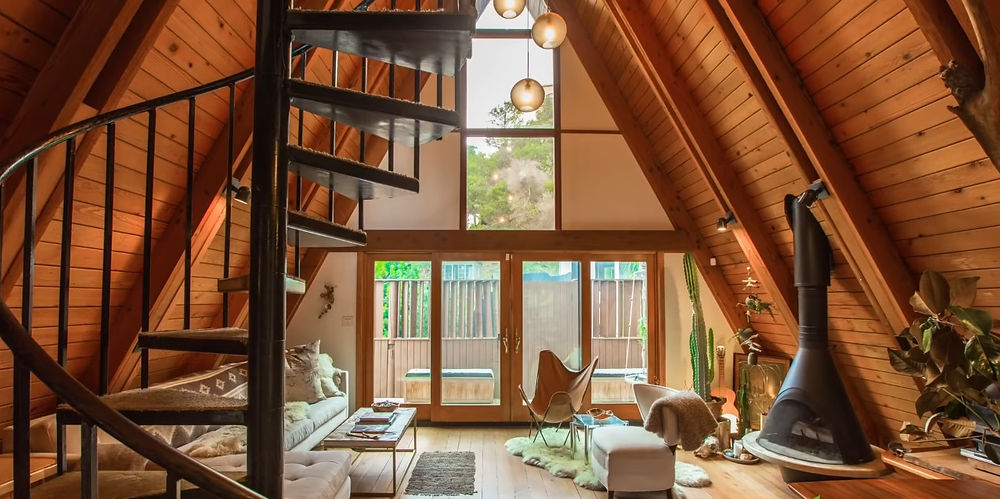 Tour in A-frame House from a prefab kit.