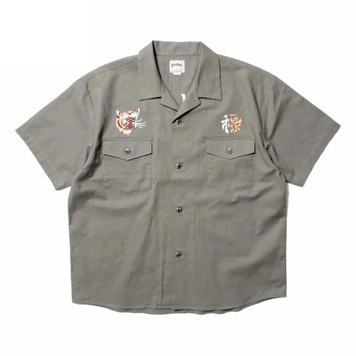 HOUSTON Cotton Linen EMB Army Shirt Olive Drab | Pereffs