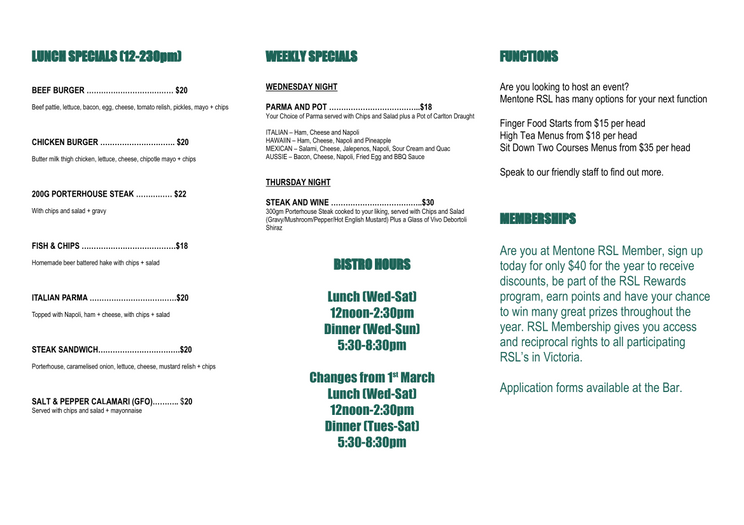 Menu | Mentone RSL